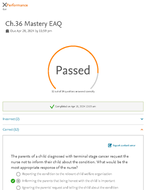 Elsevier Adaptive Quizzing - Quiz performance - Exit Performance Chapter 50 Quiz Due May 18 ...