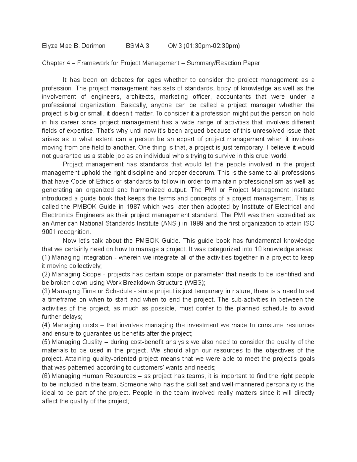 Operation Management - Frameworks for PM - Elyza Mae B. Dorimon BSMA 3 OM3 (01:30pm-02:30pm ...