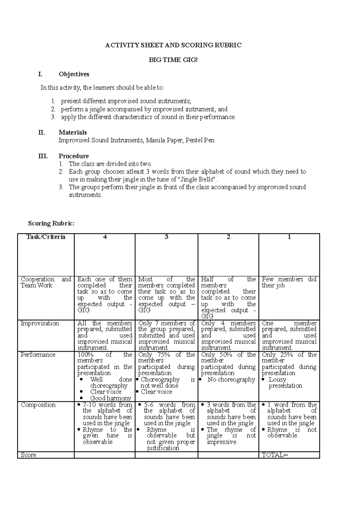 rubrics in araling - ACTIVITY SHEET AND SCORING RUBRIC BIG TIME GIG! I ...