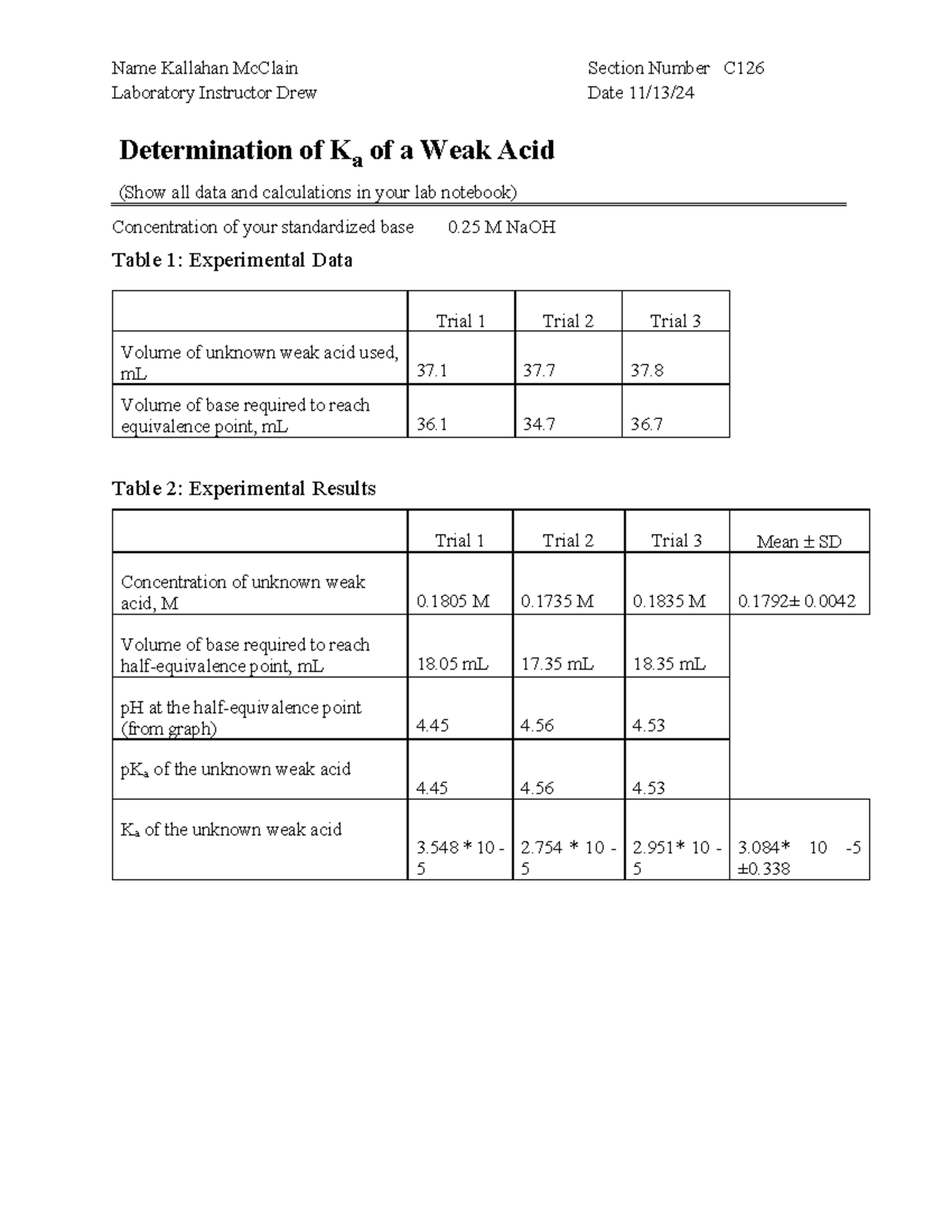 Ka Determination - Name Kallahan McClain Section Number C Laboratory ...