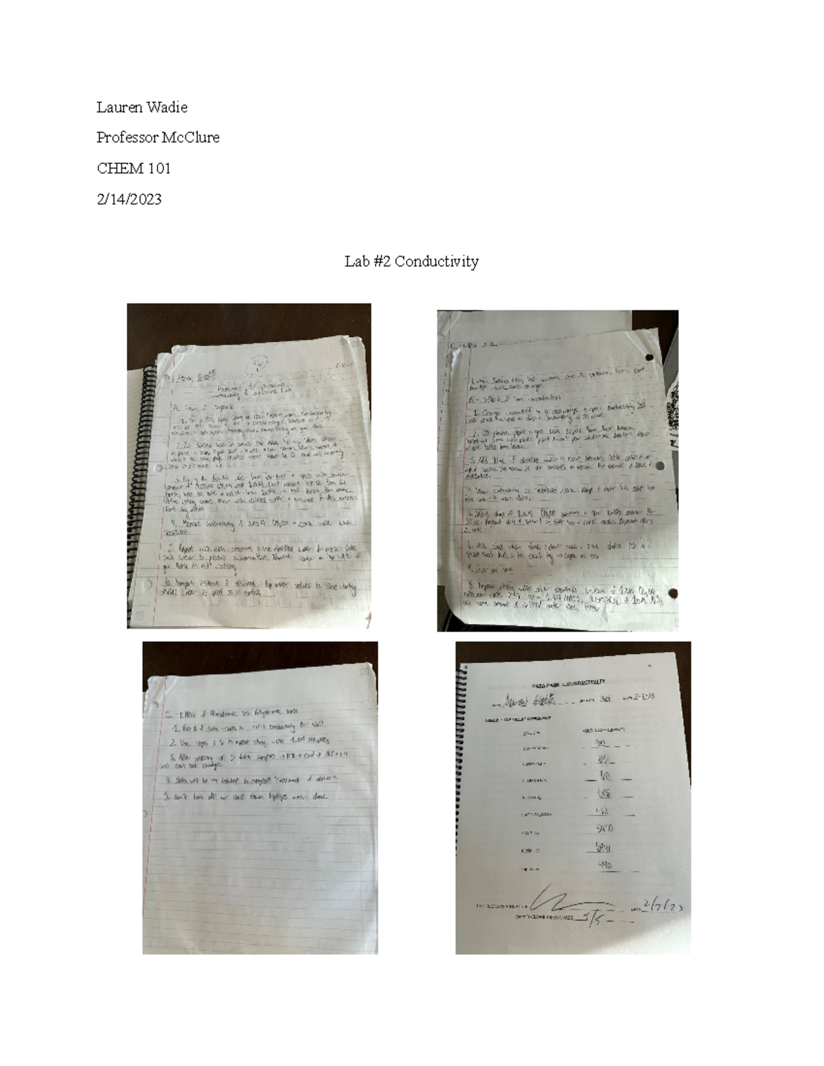 #2 Conductivity Lab Report - Lauren Wadie Professor McClure CHEM 101 2 ...