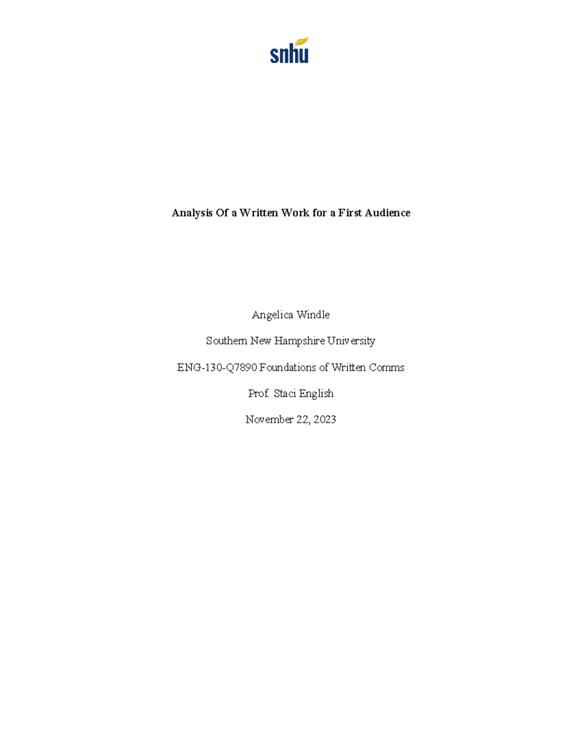 ENG 130 Module Five Analysis of a Written Work for a First Audience APA ...