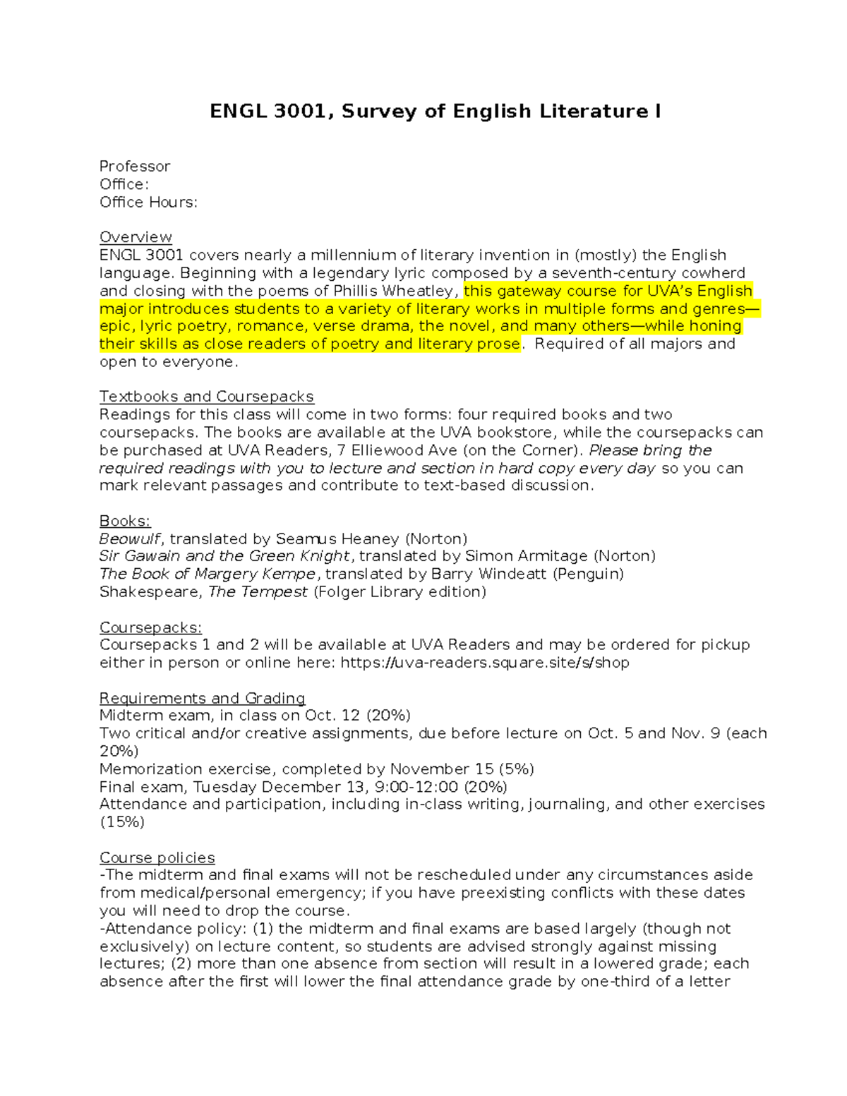 ENGL History of Literatures in English - ENGL 3001, Survey of English ...