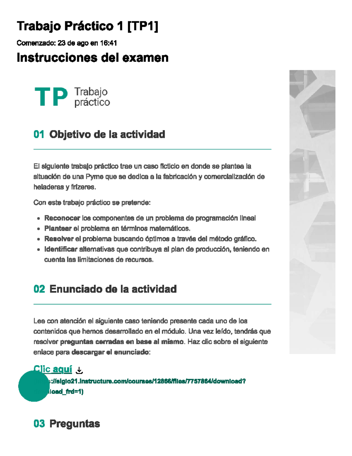 Examen Trabajo Práctico 1 TP1 95% Investigación Operativa - Herramientas Matemáticas 1 - Studocu
