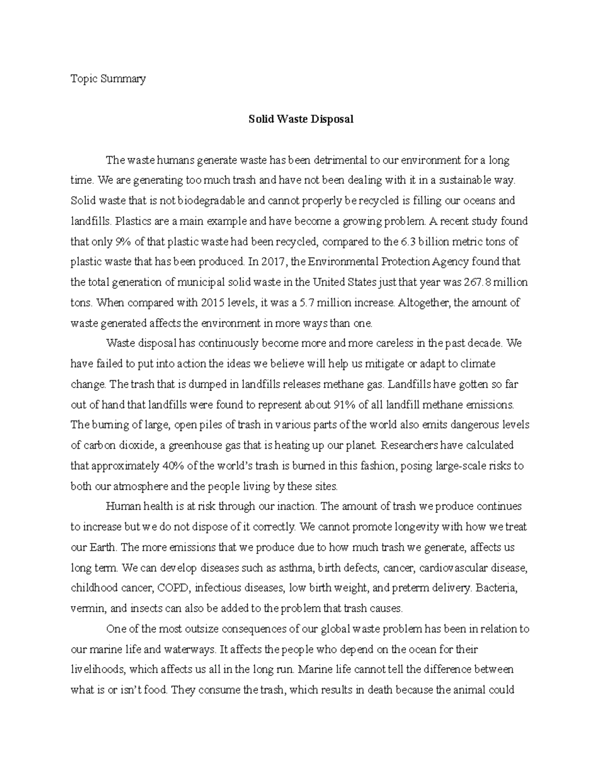 Topic Summary - Topic Summary Solid Waste Disposal The waste humans generate waste has been ...