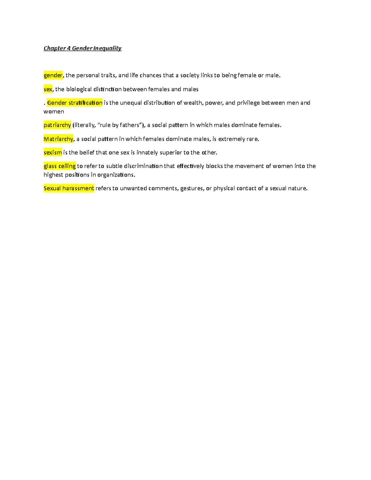 Ch 4 terms - Social Problems assignment - Chapter 4 Gender Inequality ...