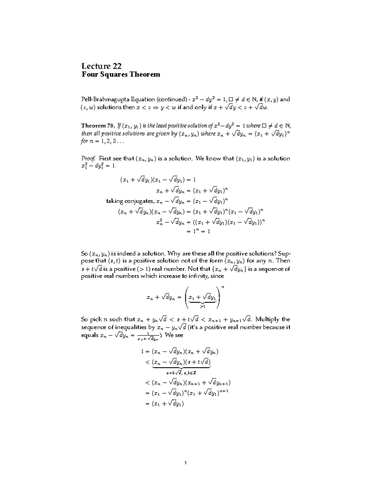 Theory Of Numbers Lecture 22 - Lecture 22 Four Squares Theorem Pell ...