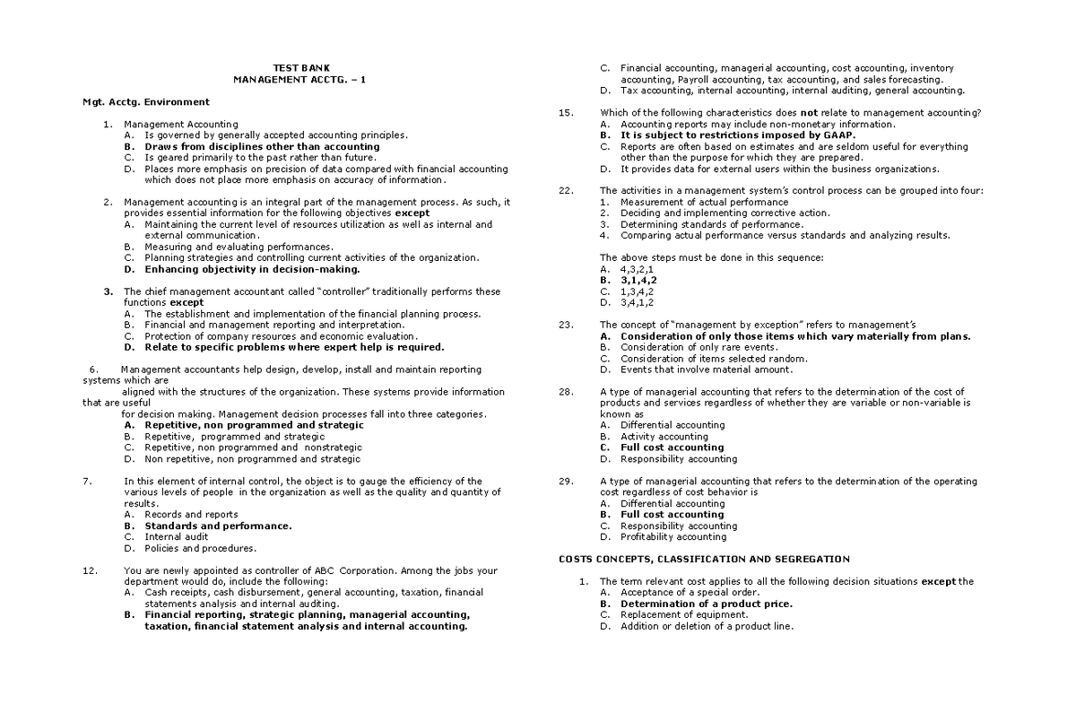 #TEST BANK - MAS 1 - test bank - TEST BANK MANAGEMENT ACCTG. – 1 Mgt ...