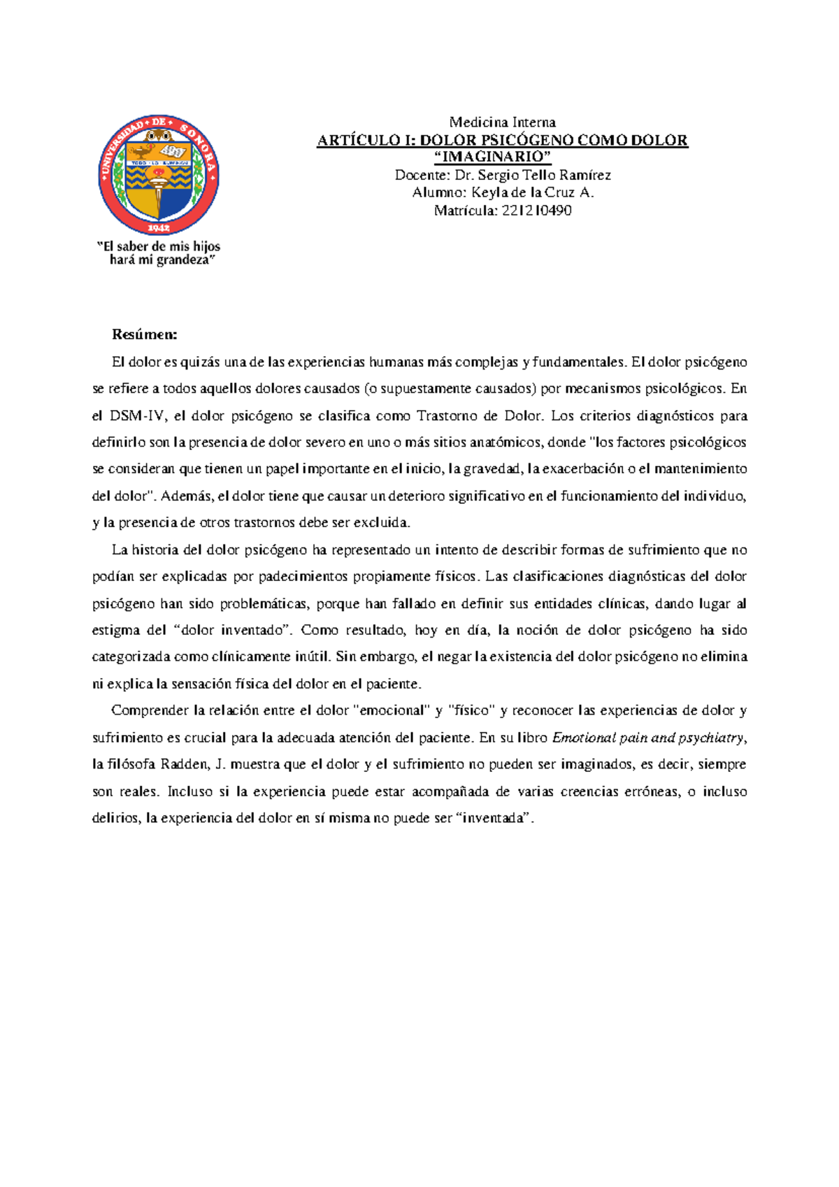 Artículo Dolor Psicógeno - Medicina Interna ARTÍCULO I: DOLOR PSICÓGENO ...