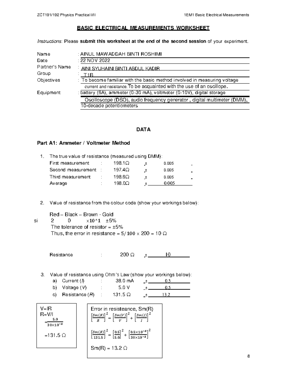 1EM1 Ainul Mawaddah Roshimi - BASIC ELECTRICAL MEASUREMENTS WORKSHEET ...
