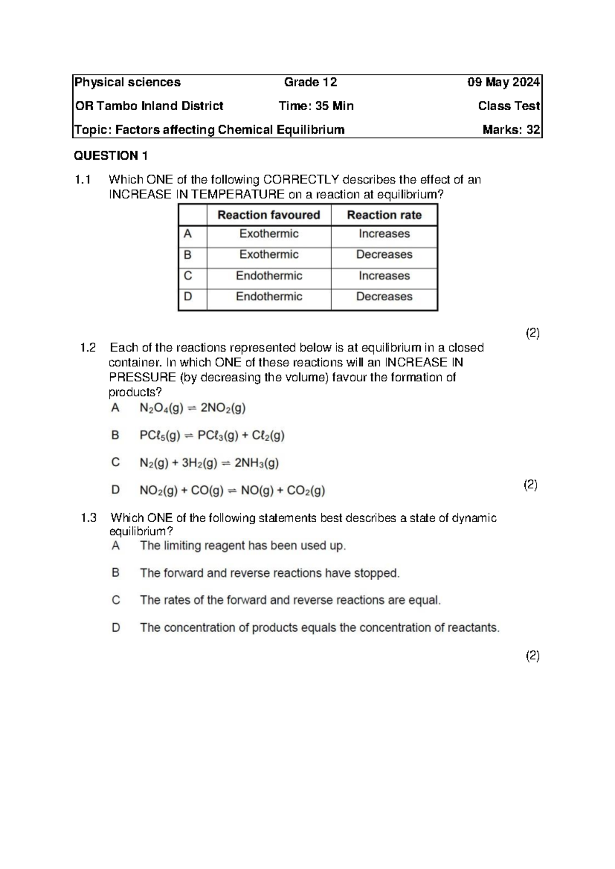 Chemical Equiilibrium Topic Test 240506 185230 - Physical sciences ...