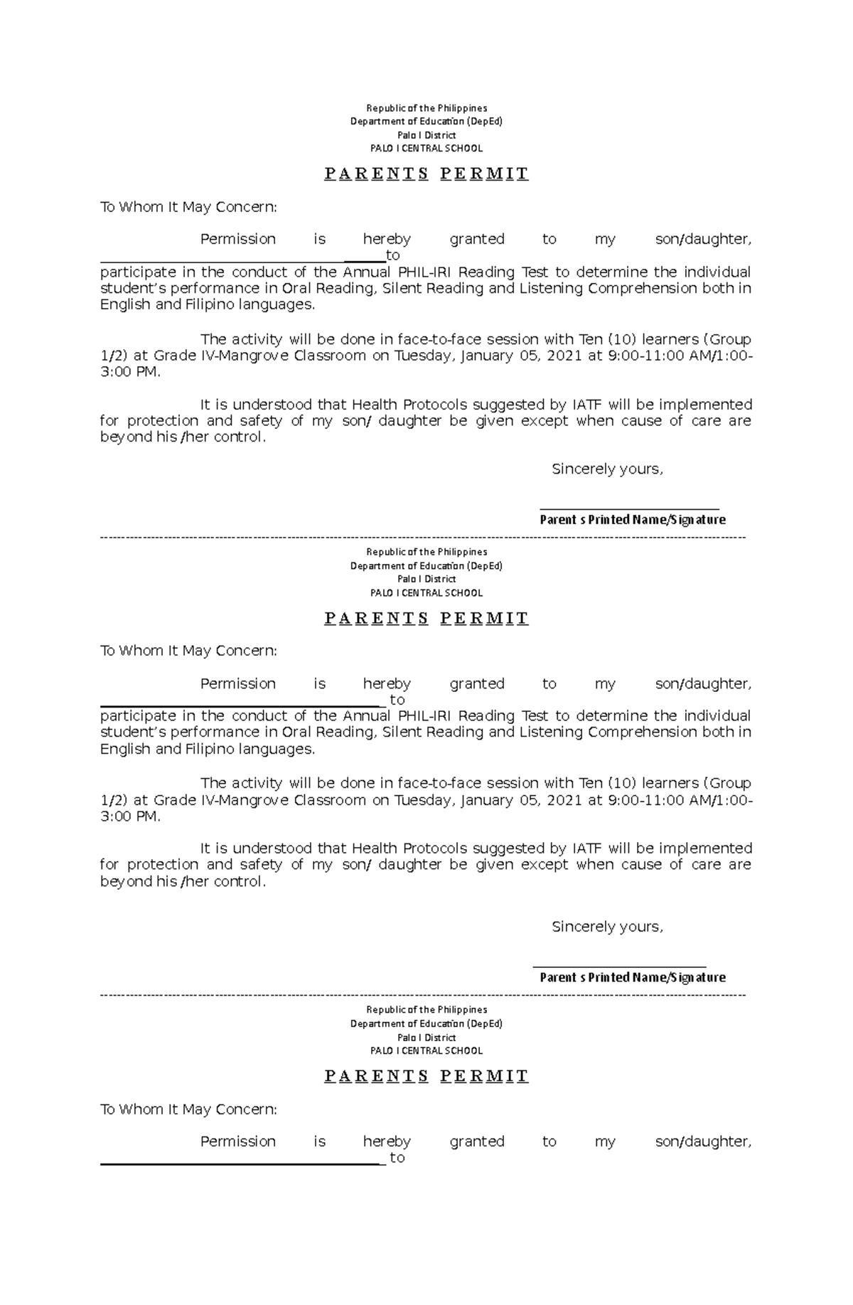 Permit on Face to Face Class - Republic of the Philippines Department ...