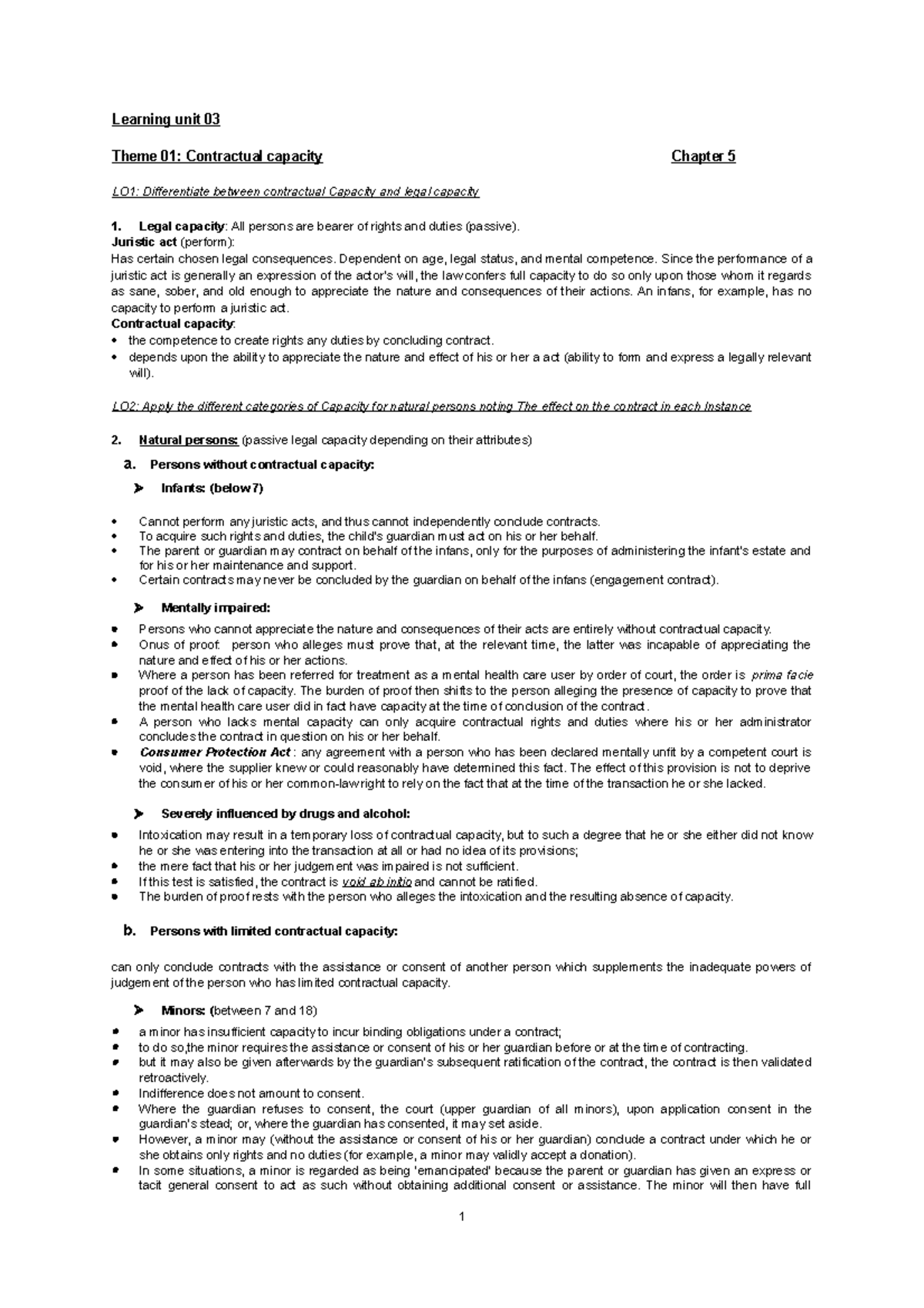 LU3 Test notes - Learning unit 03 Theme 01: Contractual capacity ...