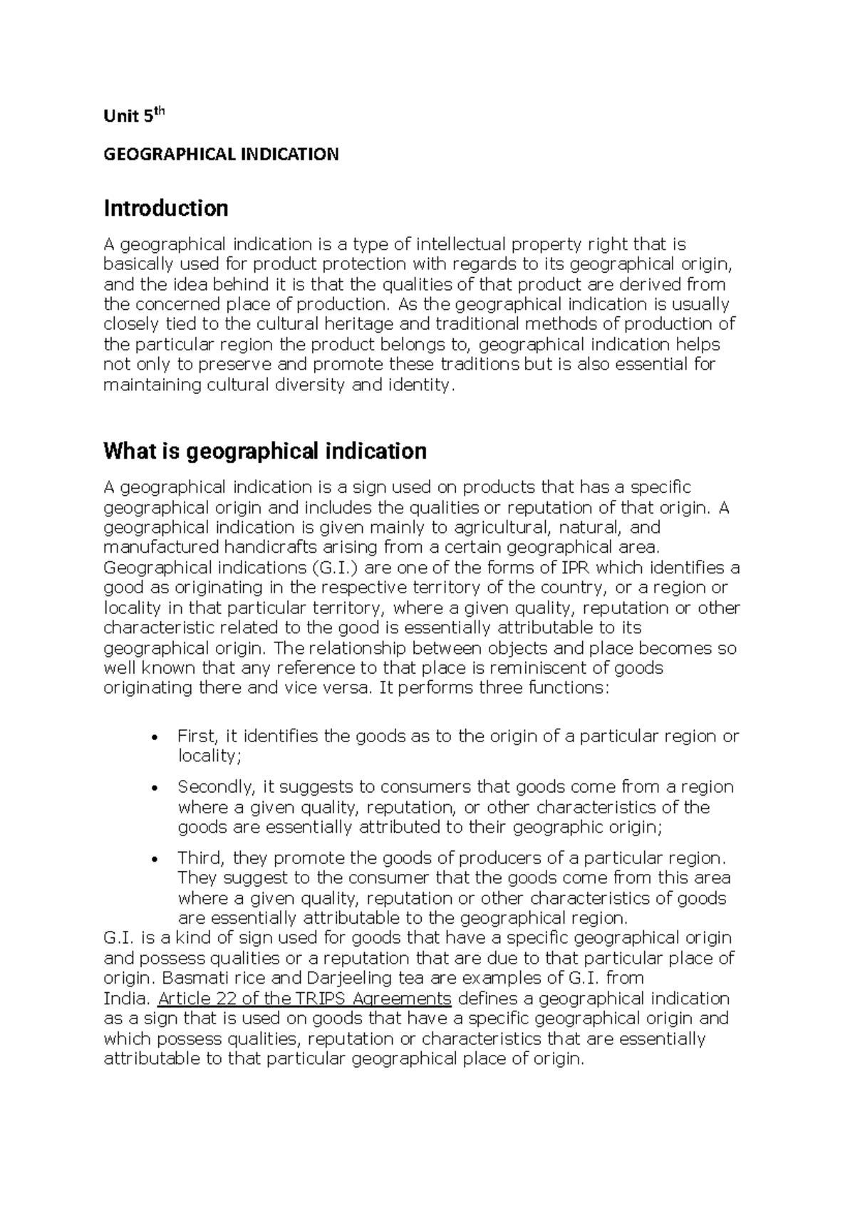 IPR unit 5th - ipr - Unit 5th GEOGRAPHICAL INDICATION Introduction ...