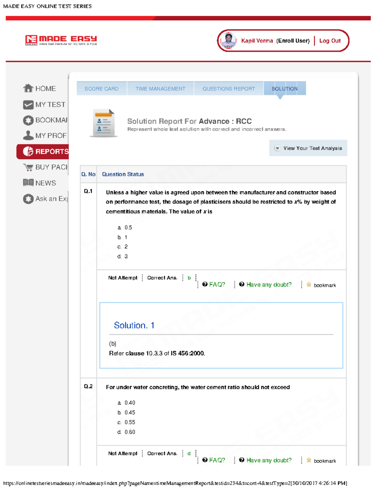Advance Rcc - Kapil Verma (Enroll User) Log Out HOME MY TEST BOOKMARKS ...