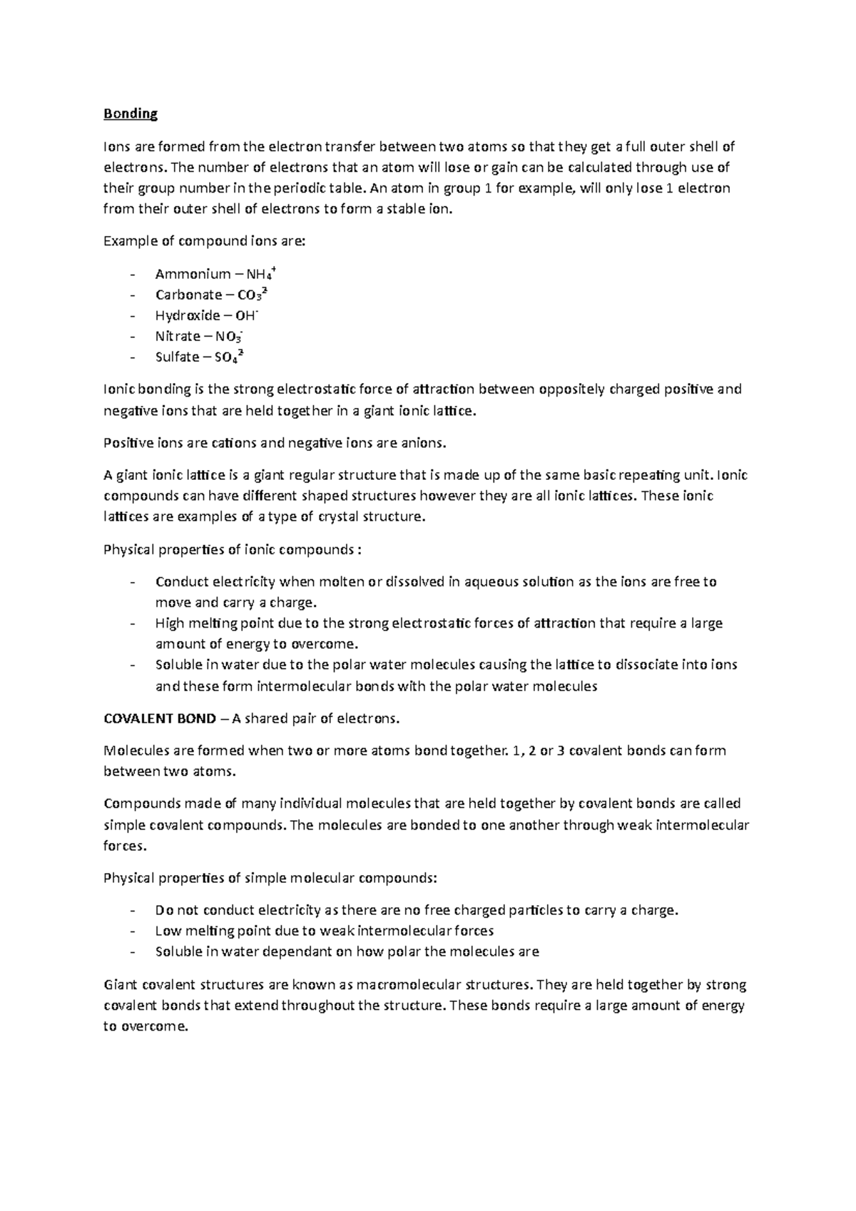 Bonding Chemistry Notes - Studocu