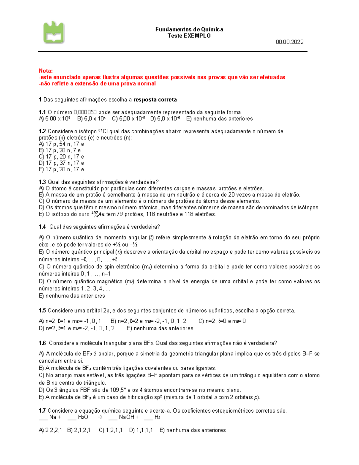 1 FQ 1Teste Exemplo 2022 2023 - Fundamentos de Química Teste EXEMPLO 00 ...