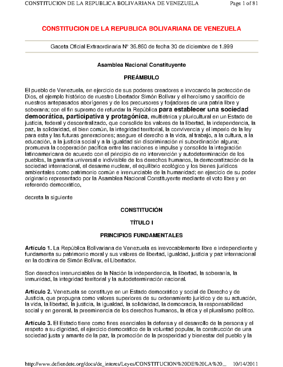 Constitucion venezuela - CONSTITUCION DE LA REPUBLICA BOLIVARIANA DE VENEZUELA Gaceta Oficial ...