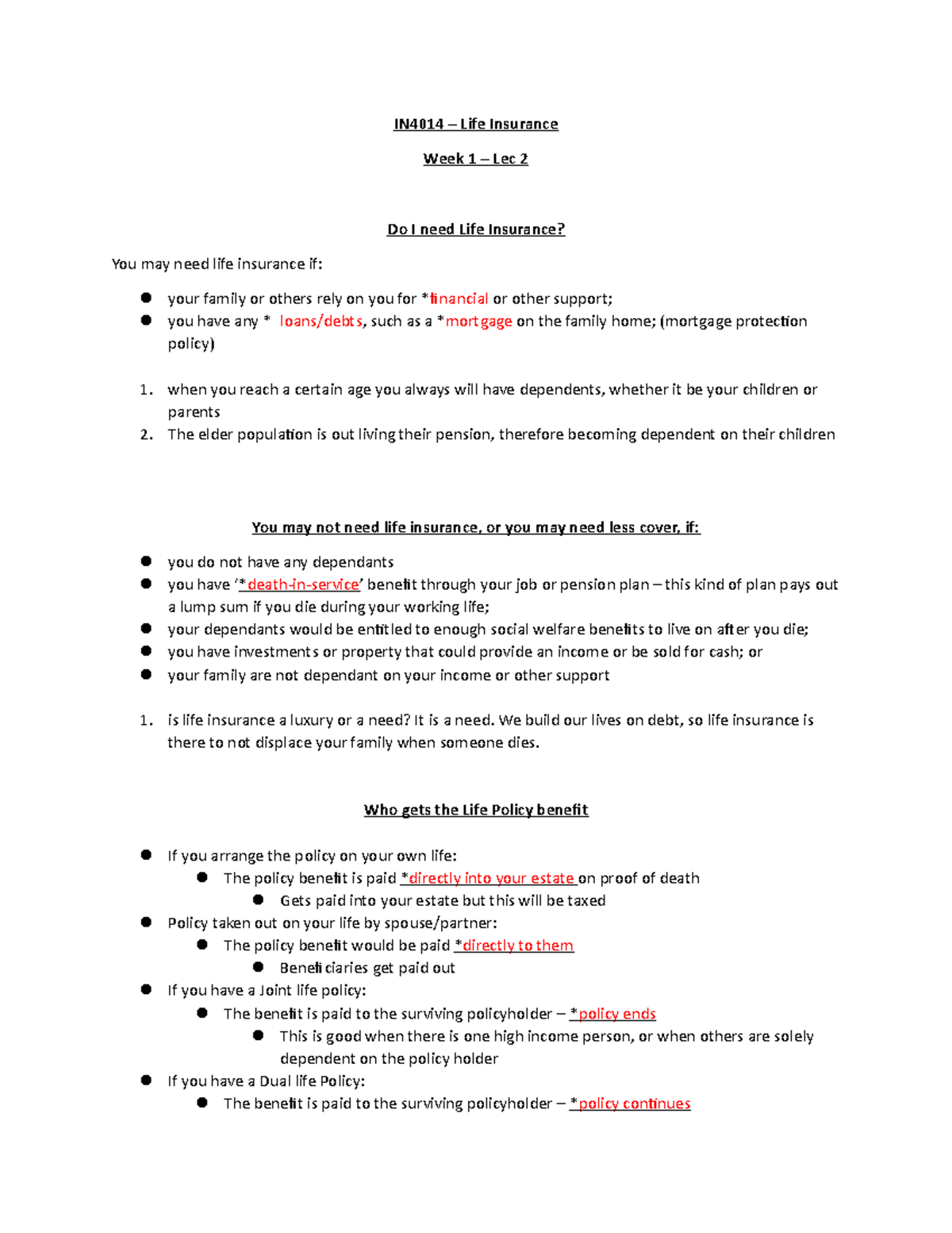 Summary Week 1 Lec 2 IN4014 Life Insurance Week 1 Lec 2 Do I Need summary-week-1-lec-2-in4014-life-insurance-week-1-lec-2-do-i-need
