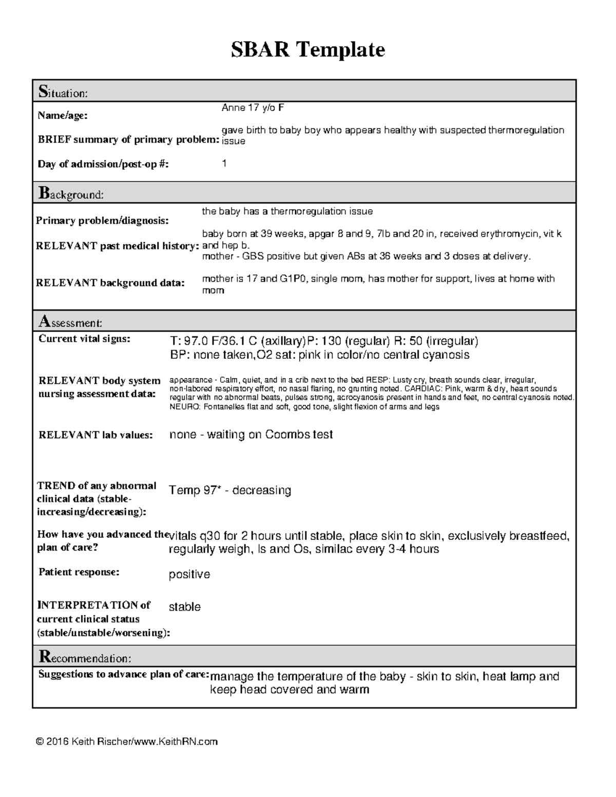 SBAR Fillable PDF - aaaa - © 2016 Keith KeithRN SBAR Template Situation ...