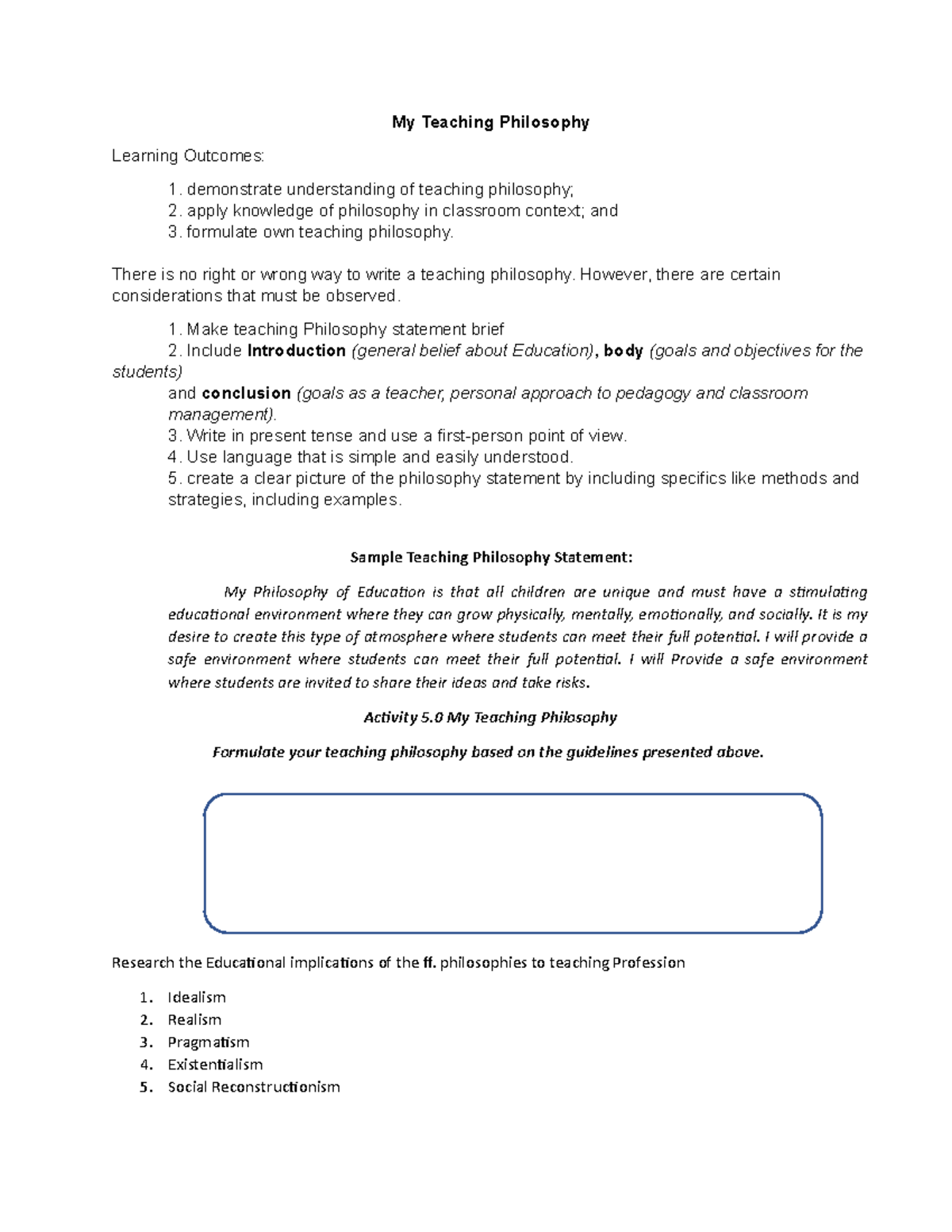 My-Teaching-Philosophy - My Teaching Philosophy Learning Outcomes ...