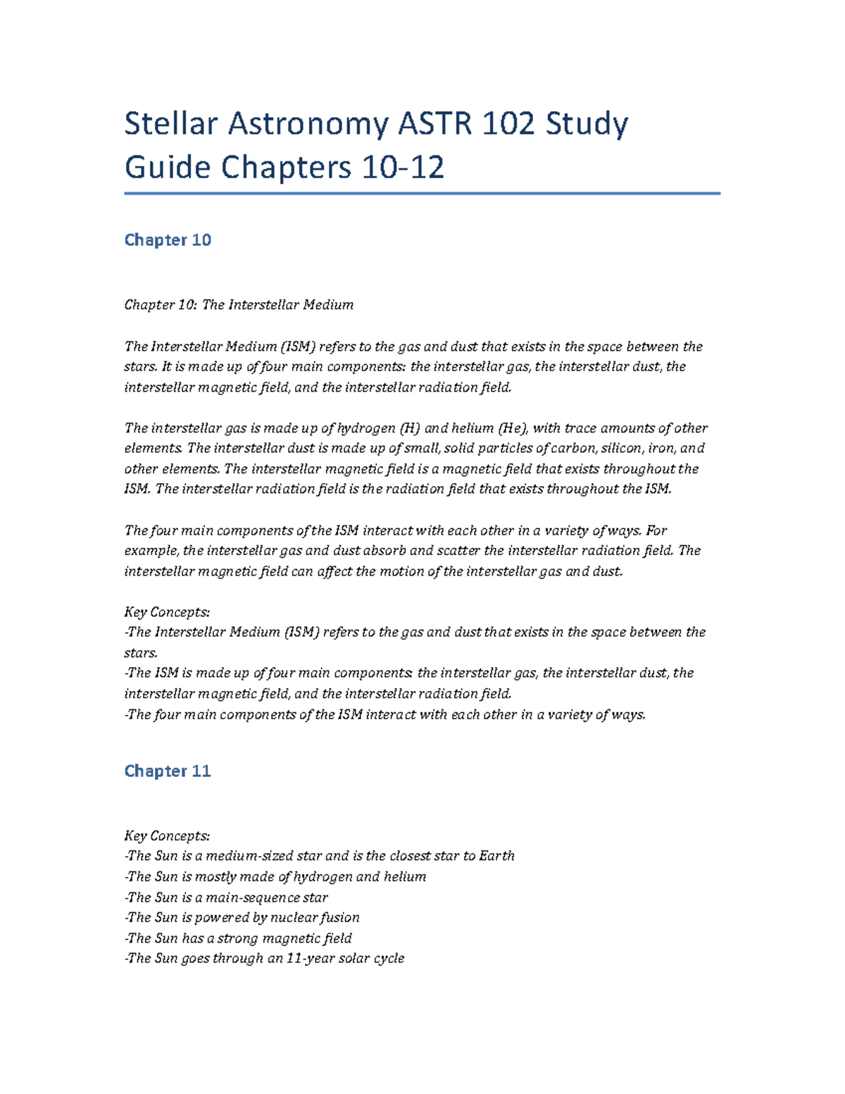 Stellar Astronomy ASTR 102 Study Guide Chapters 10-12 - Stellar ...