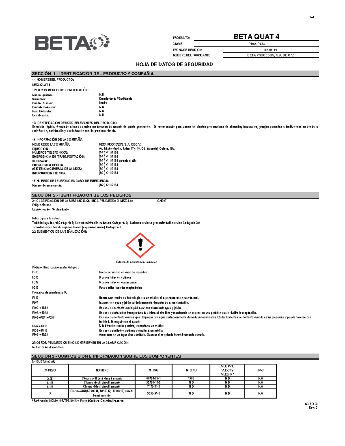 BETA QUAT 4 HDS - HDS - PRODUCTO: CLAVE: FECHA DE REVISIÓN: NOMBRE DEL ...