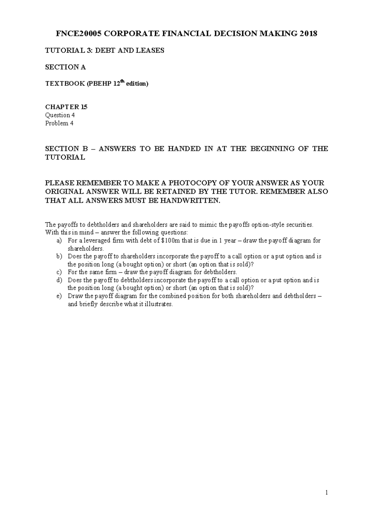 Tute 3 Ans - Tutorial 3 Part A Answers - CORPORATE FINANCIAL DECISION ...