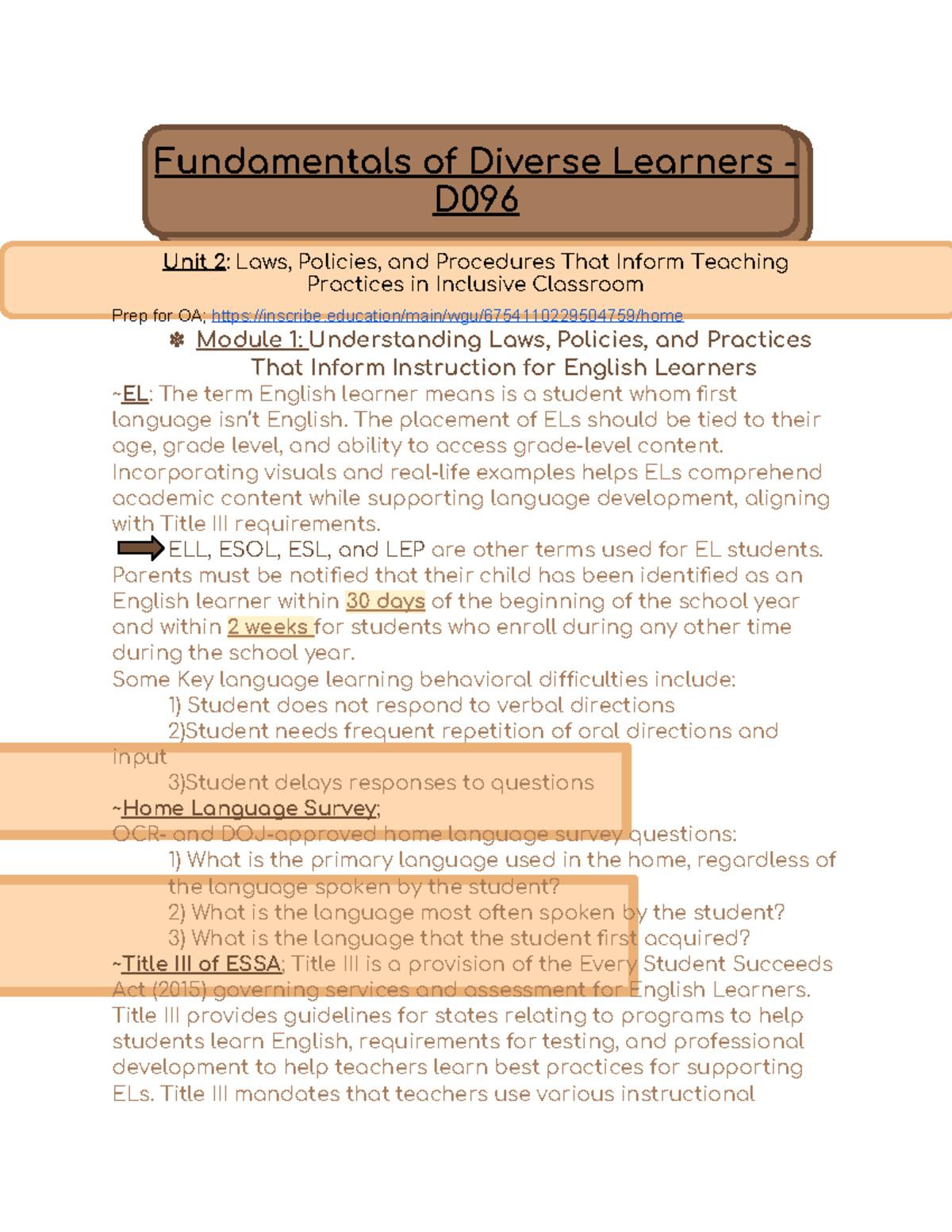 organized Study guide for Fundamentals of Diverse Learners - D096 ...