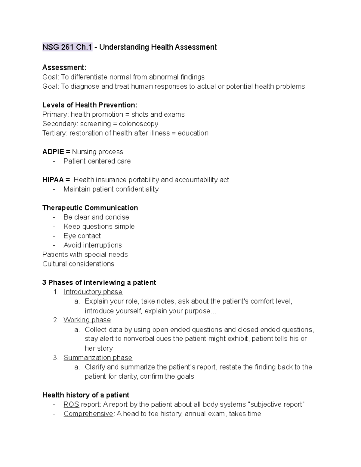 NSG Ch. 1 - Health assessment notes lecture 1 - NSG 261 Ch ...