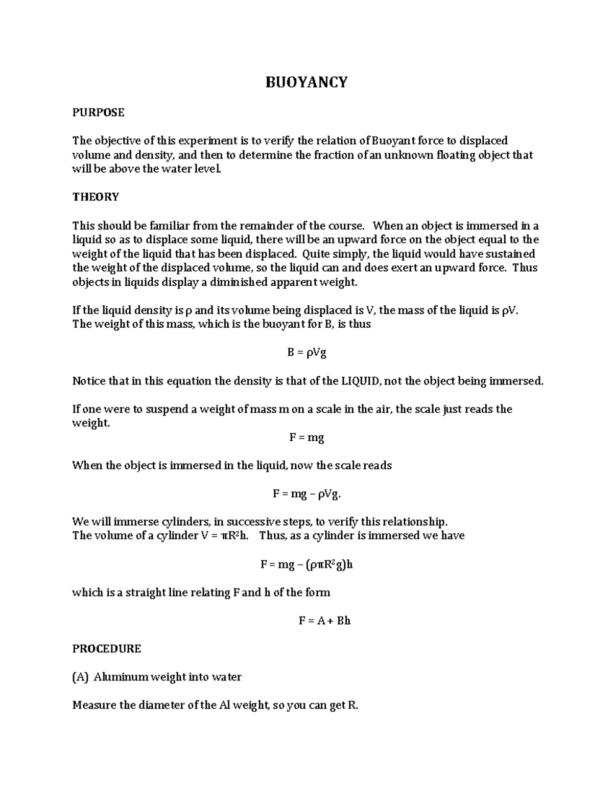 Buoyancy - Lab - BUOYANCY PURPOSE The objective of this experiment is ...