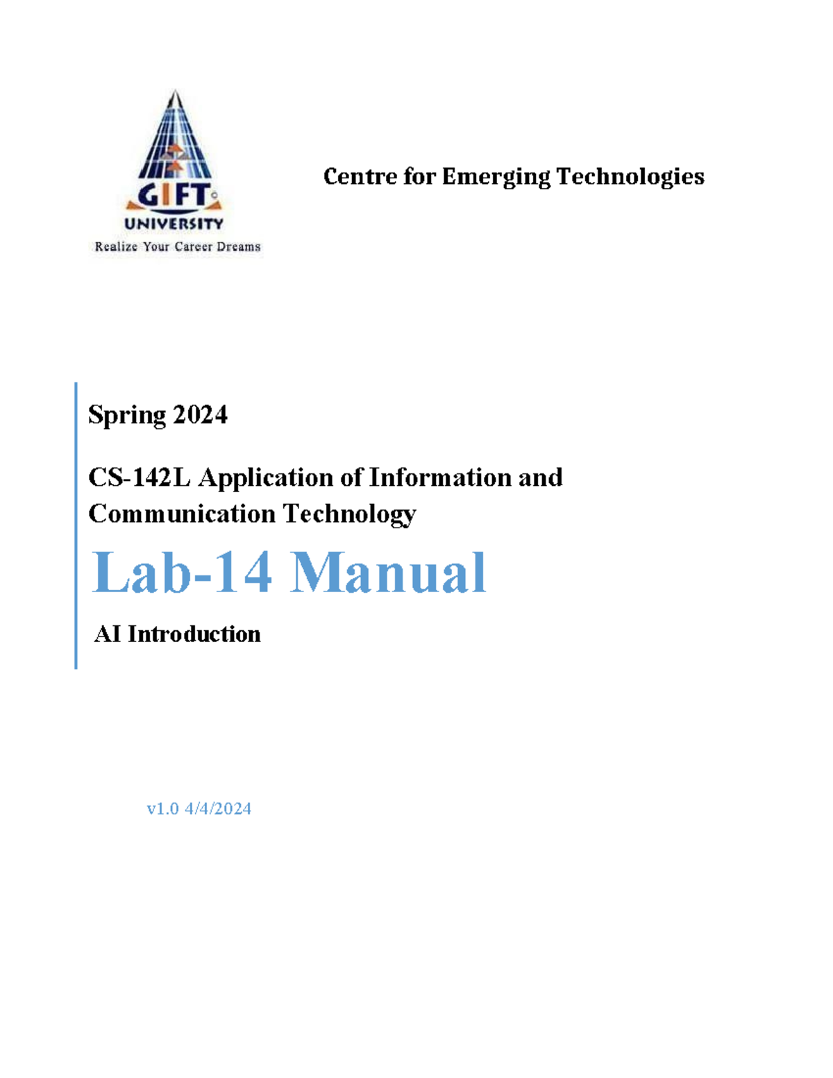 Lab Manual-14 - test - Centre for Emerging Technologies Spring 2024 CS ...