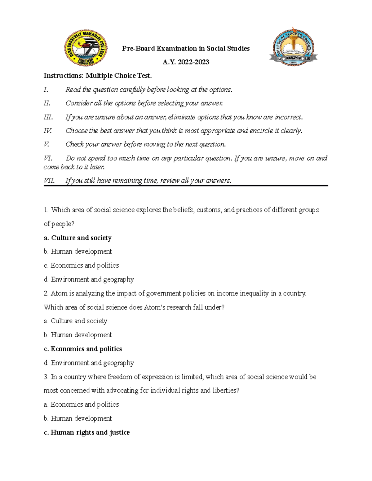 Pre-Board Examination in Social Studies - 2022- Instructions: Multiple ...