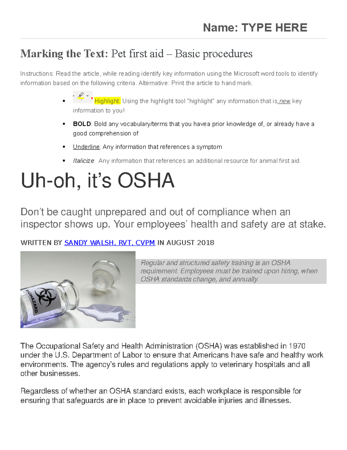 Uh Oh Its OSHA Marking the Text - Name: TYPE HERE Marking the Text: Pet ...