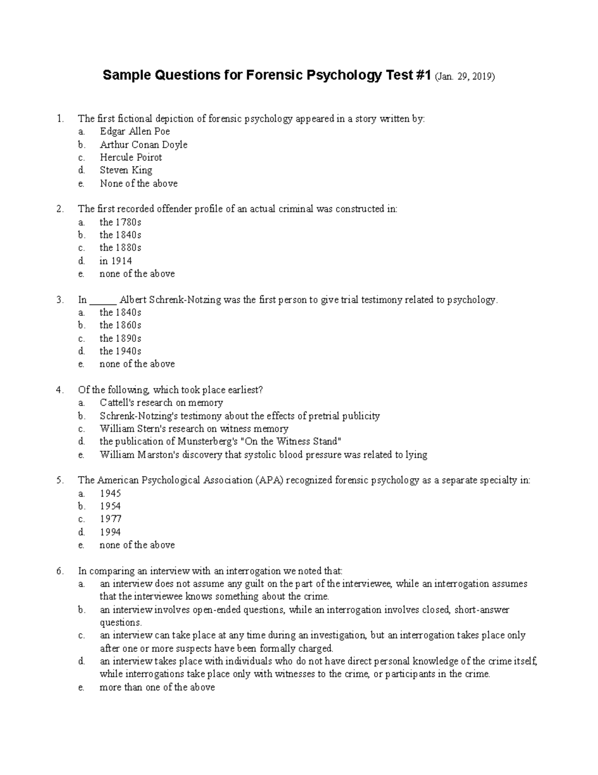 Sample Test 1 Questions Sample Questions For Forensic Psychology Test