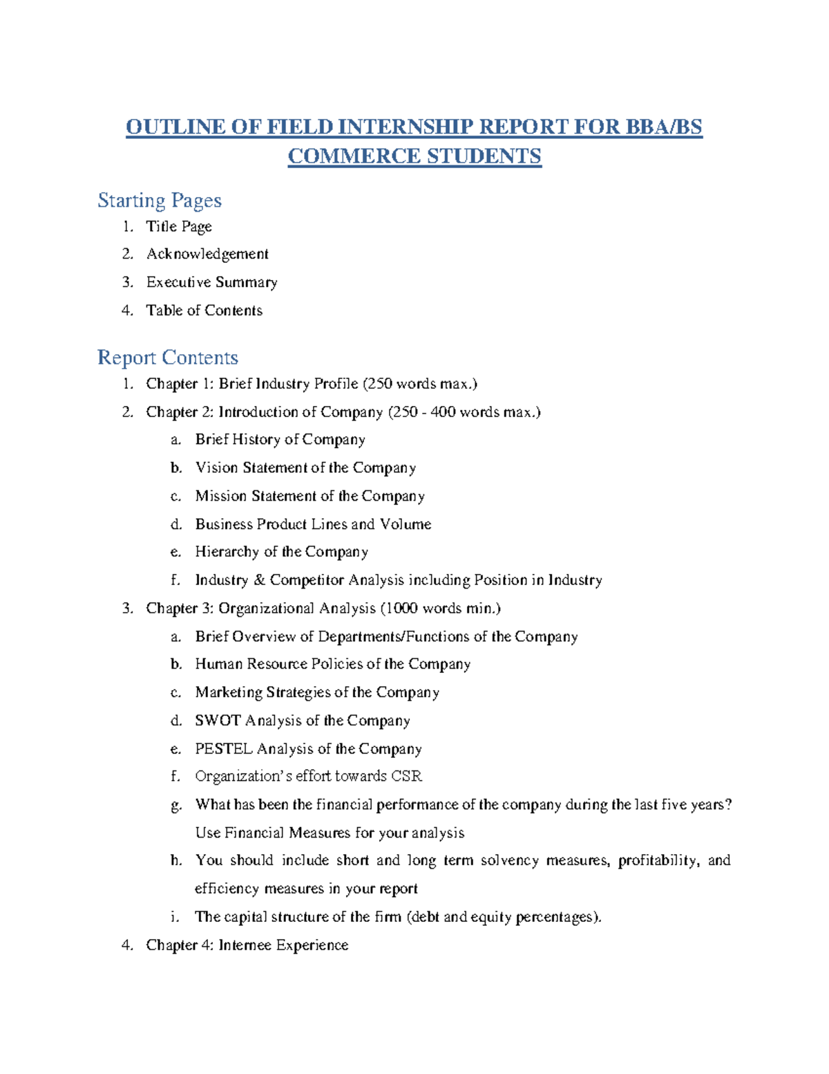 File 6 BBA Internship Report Outline - OUTLINE OF FIELD INTERNSHIP ...
