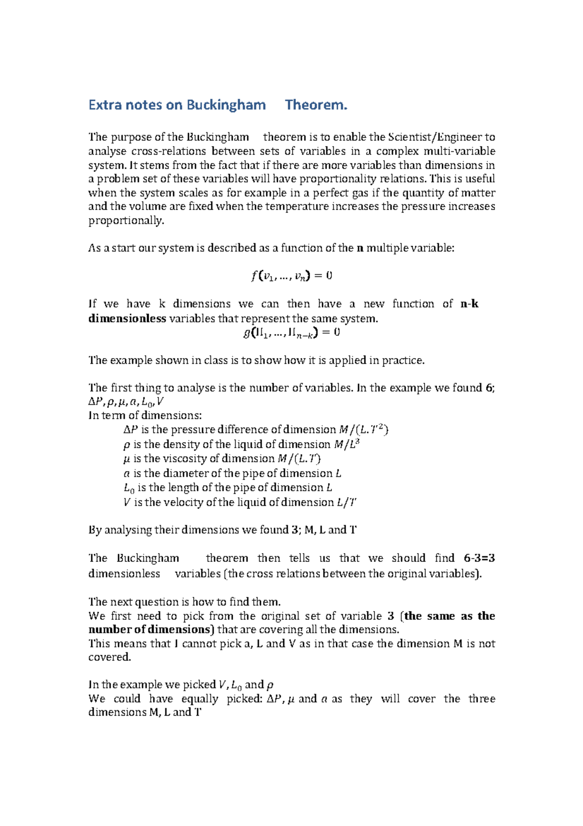 Accompanying Notes - Buckingham Pi Theorem - Extra notes on Buckingham ...