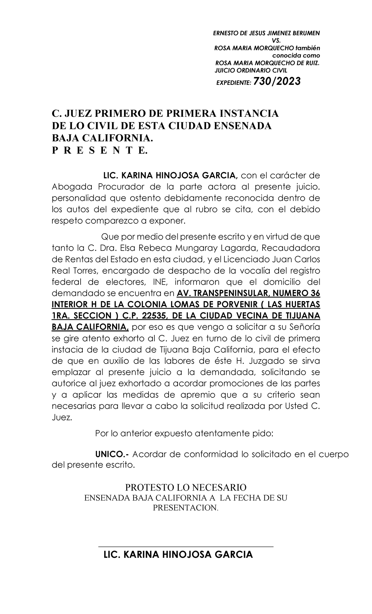 Promocion para solicitar exhorto - ERNESTO DE JESUS JIMENEZ BERUMEN VS ...