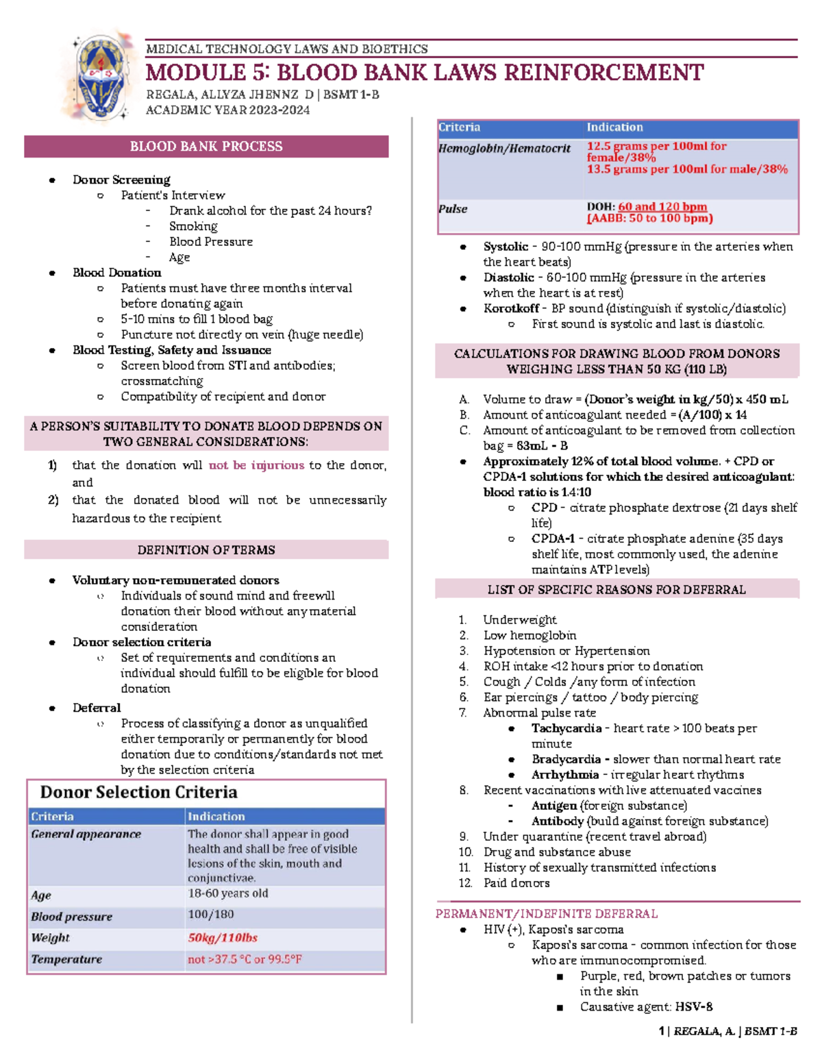 MTLB Module 5 - MEDICAL TECHNOLOGY LAWS AND BIOETHICS MODULE 5 BLOOD ...