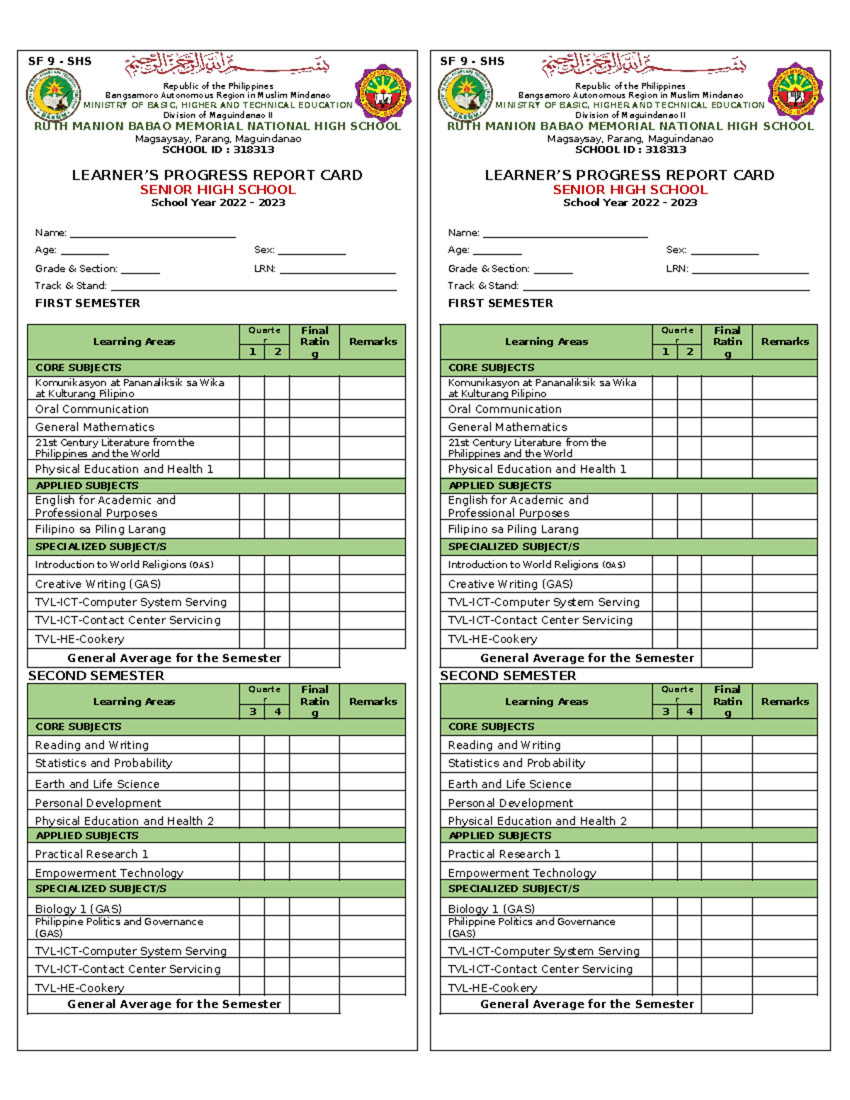 SF9 SHS Grade-11 - SF 9 - SHS Republic of the Philippines Bangsamoro ...