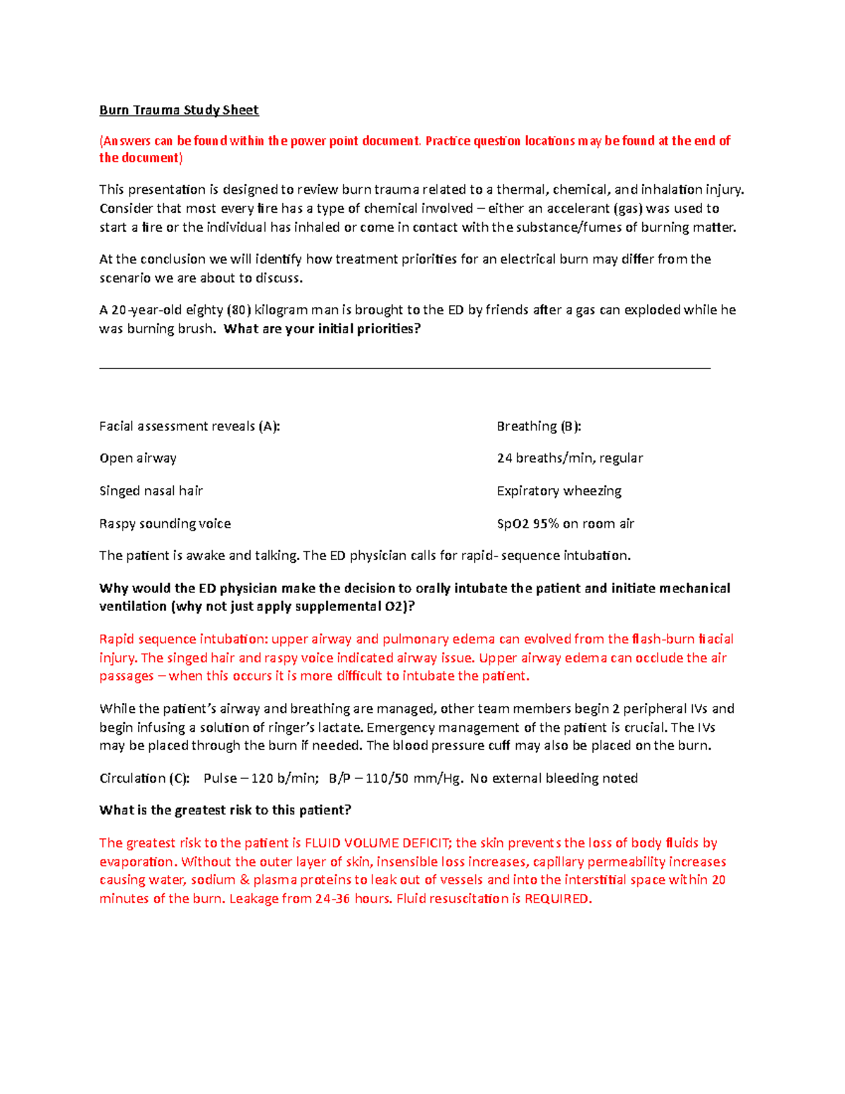 Burn Trauma Study sheet - Burn Trauma Study Sheet (Answers can be found ...