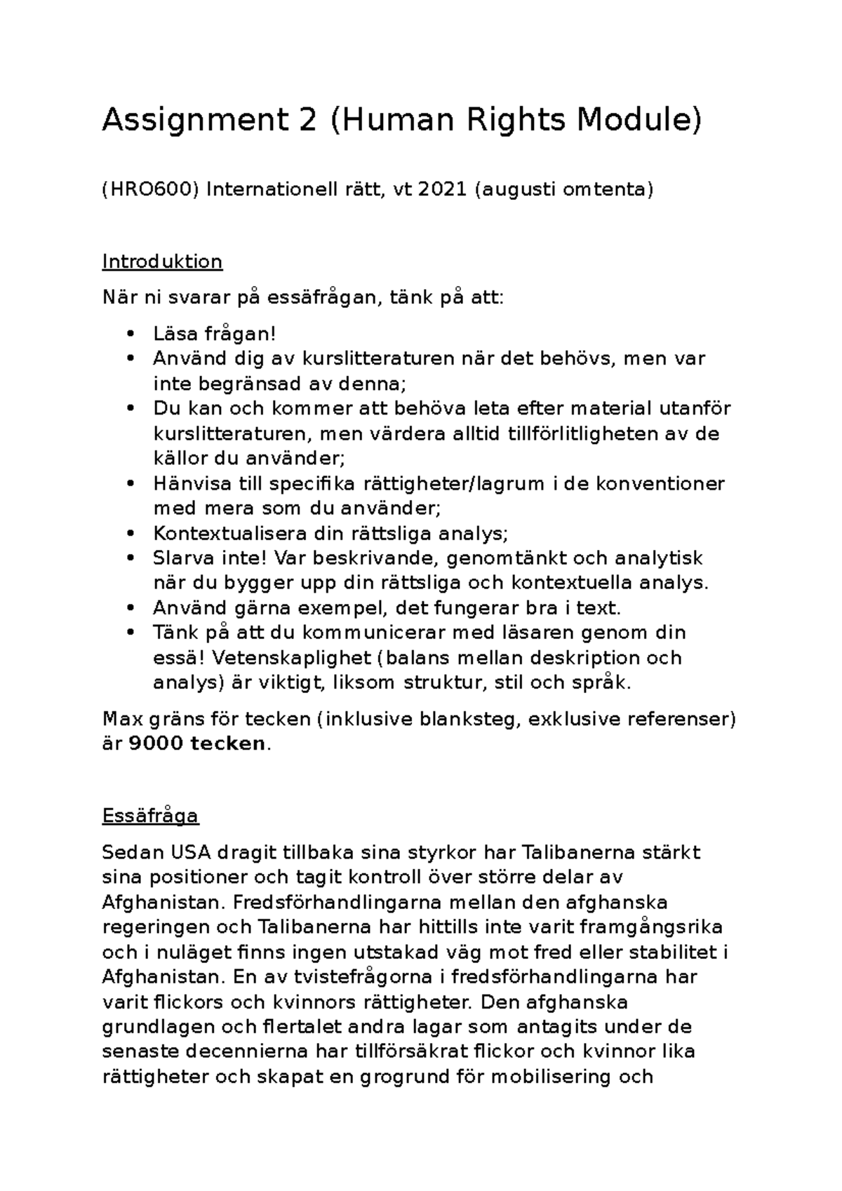 Tentamen - fråga 2 - Assignment 2 (Human Rights Module) (HRO600 ...