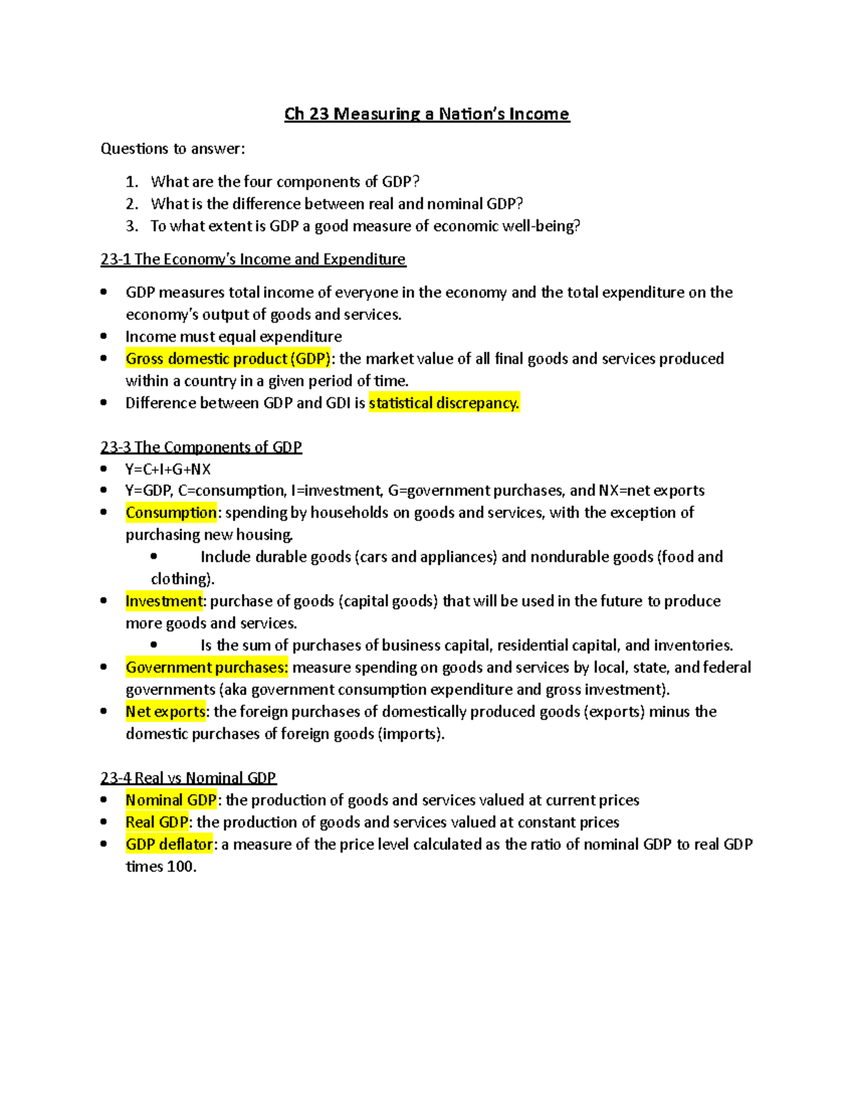 ECO-202 Week 2 Ch23, 24 Notes - Ch 23 Measuring a Nation’s Income ...
