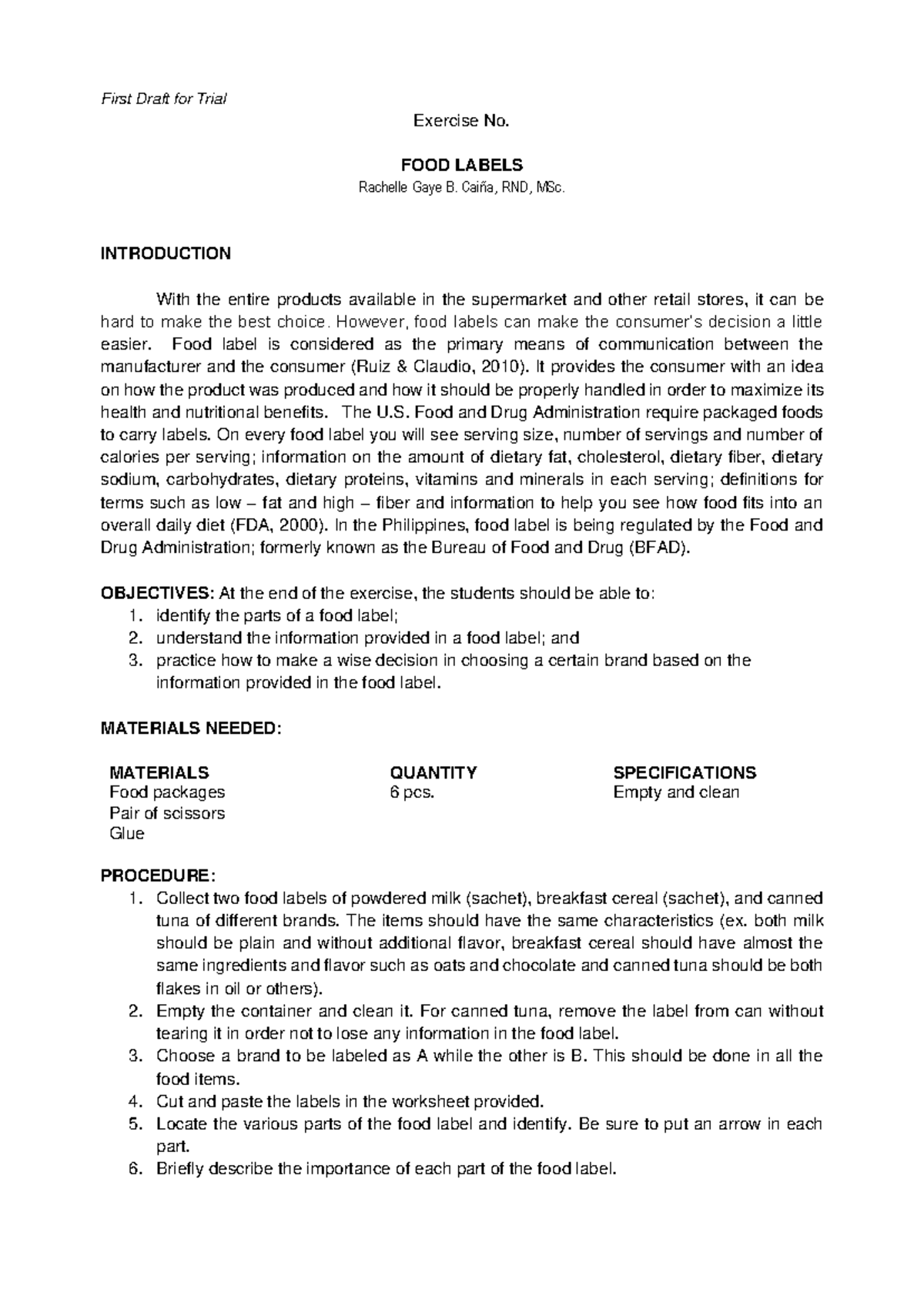 Exercise No. 3 Food Labels - First Draft for Trial Exercise No. FOOD ...
