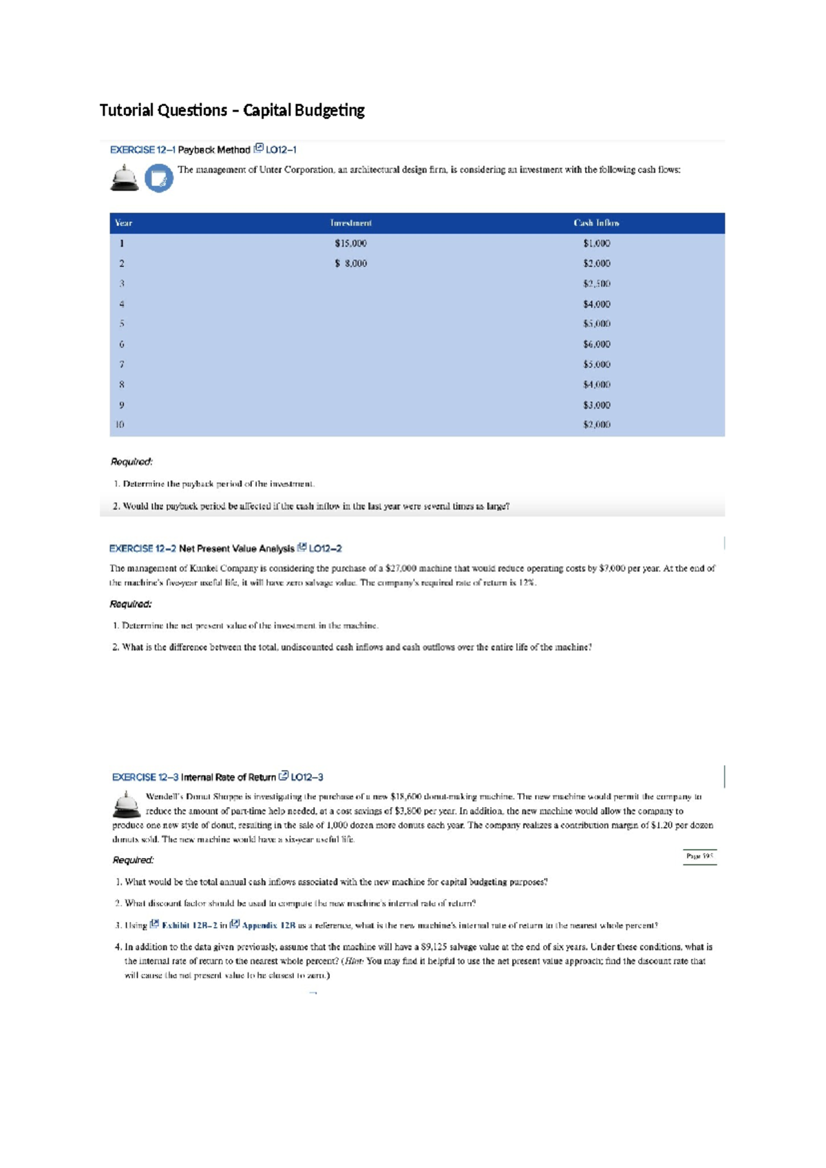 Tutorial Questions - Capital Budgeting 220622 - Tutorial Questions ...