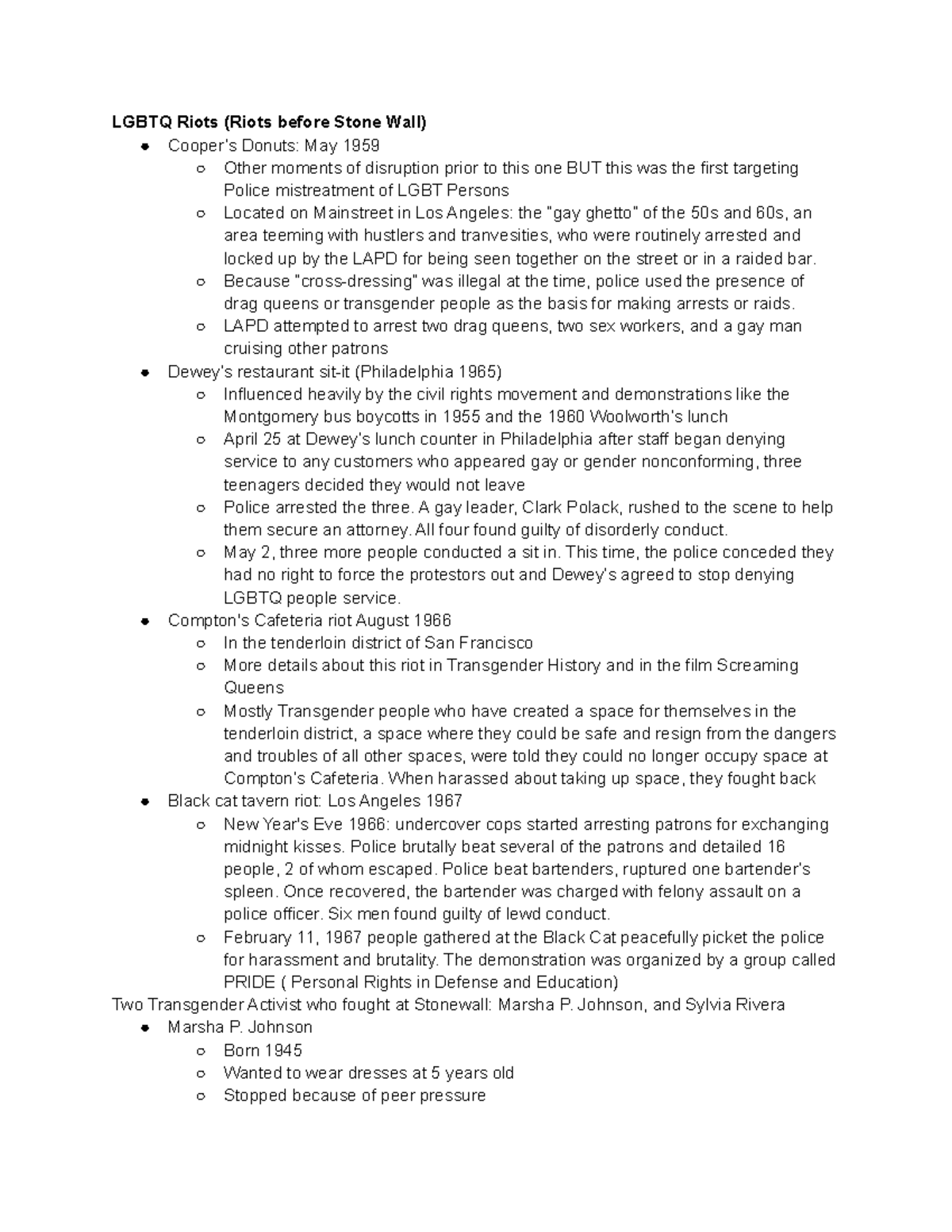 WGS 50 notes - Terry - LGBTQ Riots (Riots before Stone Wall) Cooper’s ...