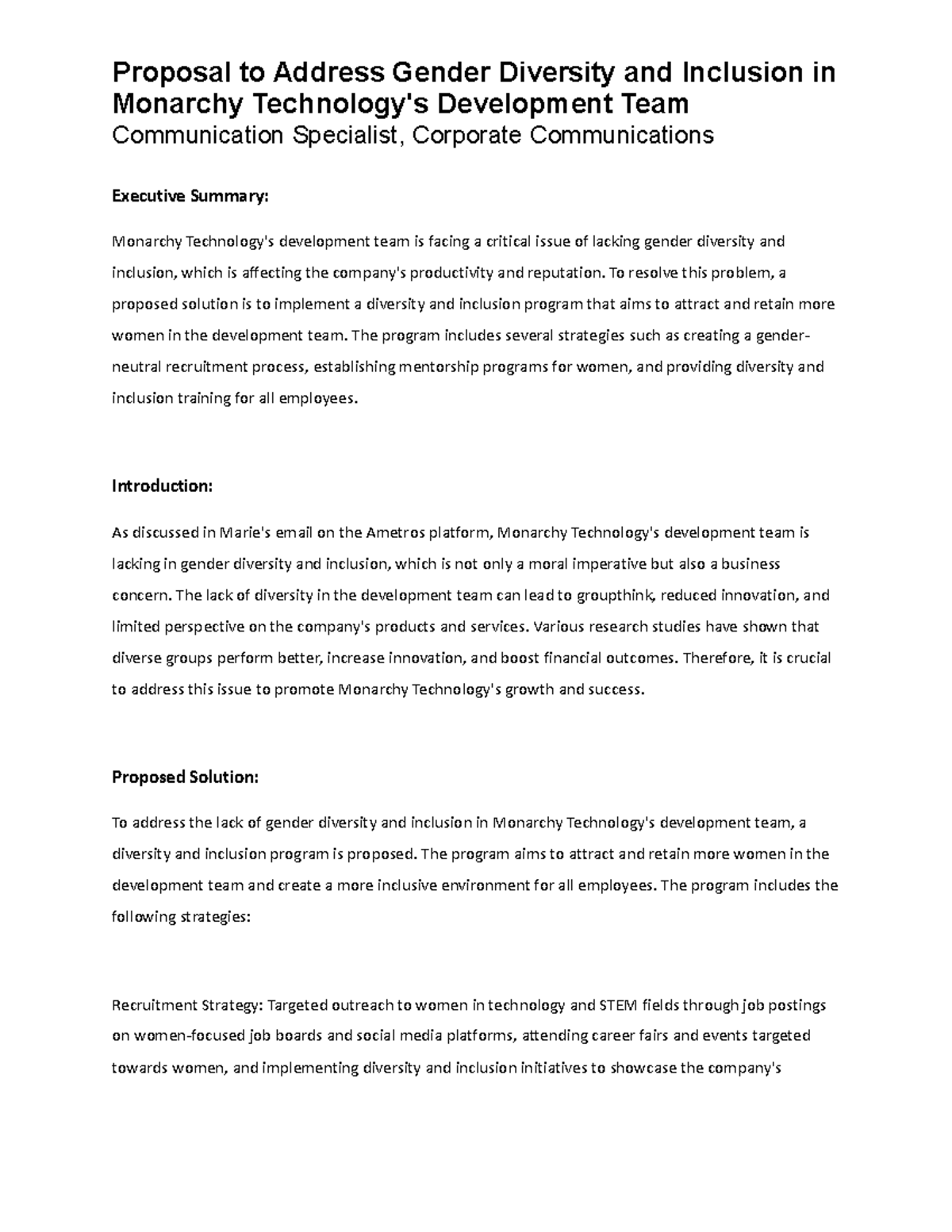 Admn233 assignment 3 - Proposal to Address Gender Diversity and ...