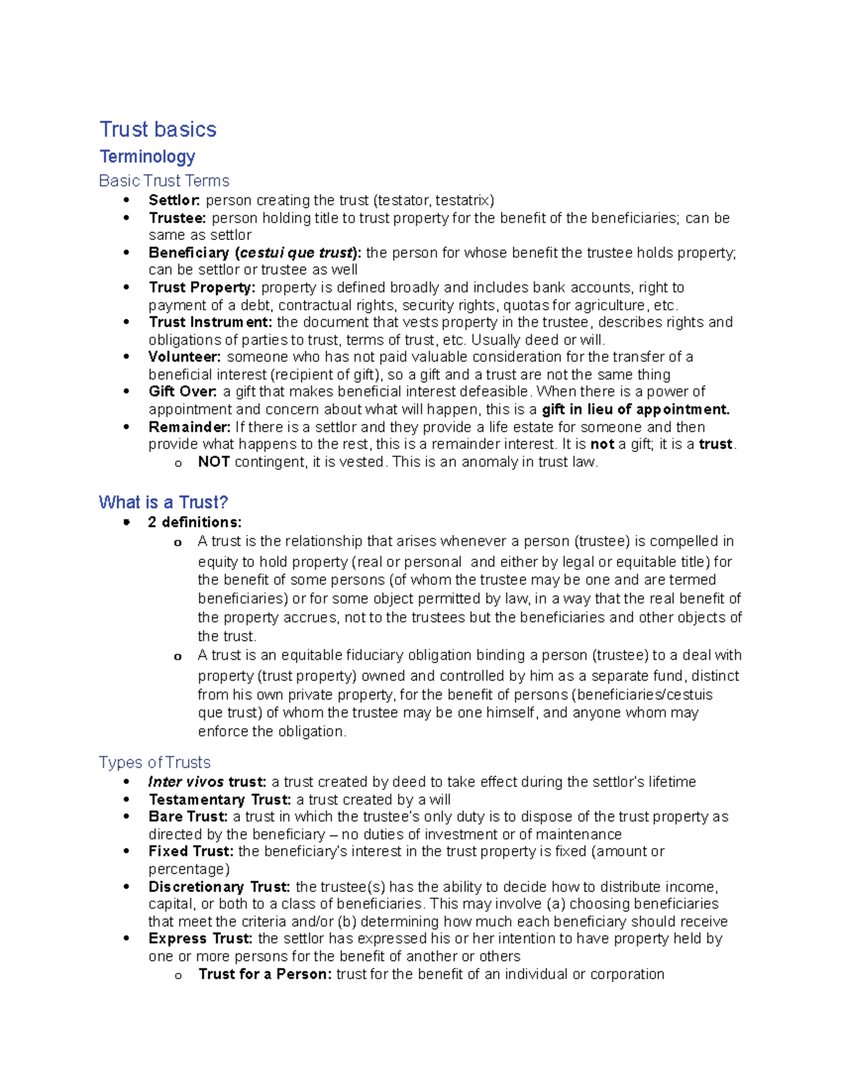 Trusts Exam Outline - Trust basics Terminology Basic Trust Terms ...