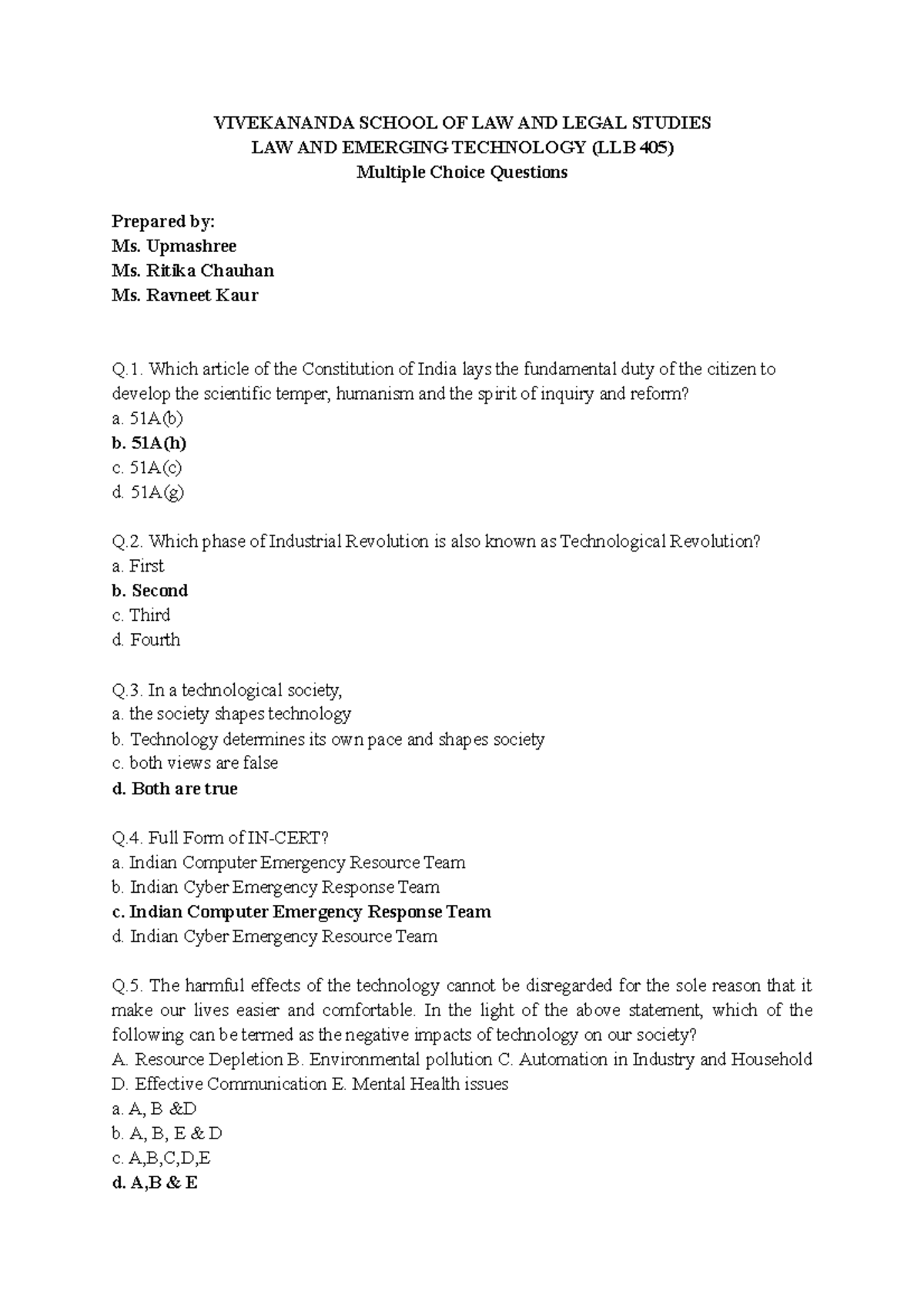 MCQ's Law and Emerging Technology with answers - VIVEKANANDA SCHOOL OF ...