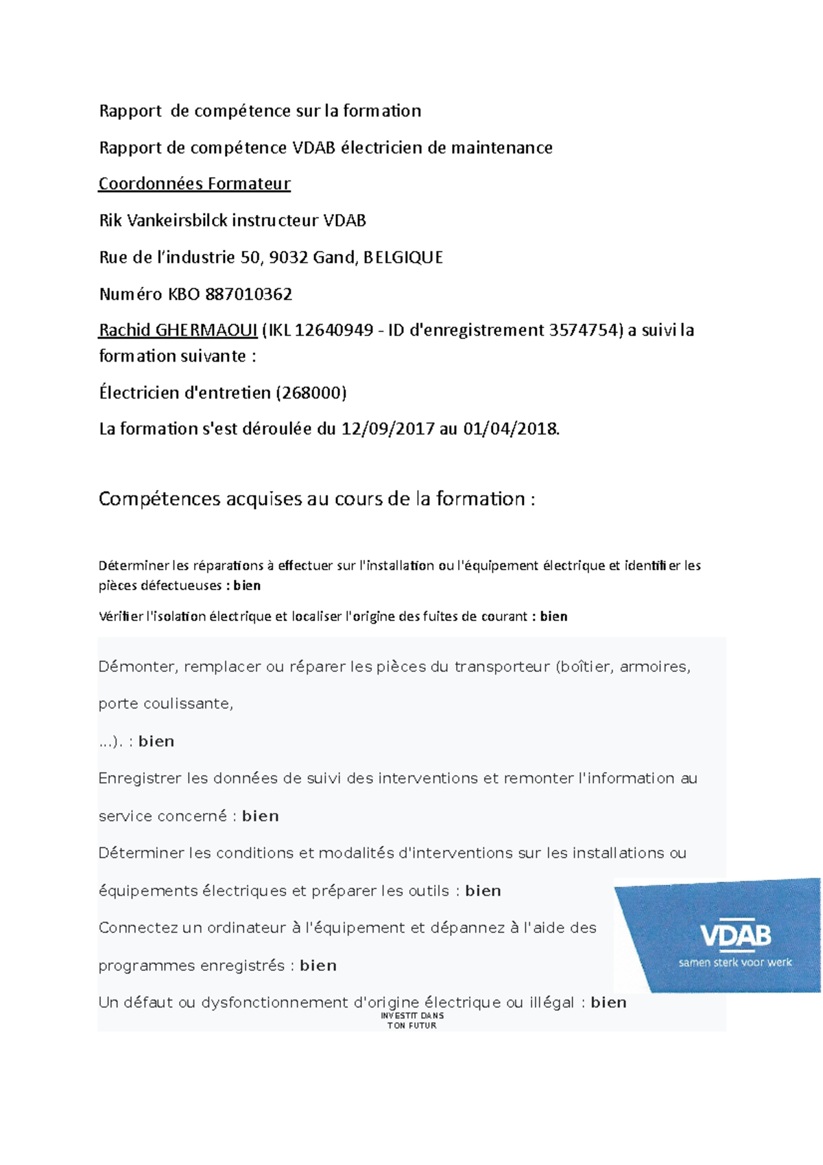 Rapport de compétence sur la formation - Rapport de compétence sur la ...
